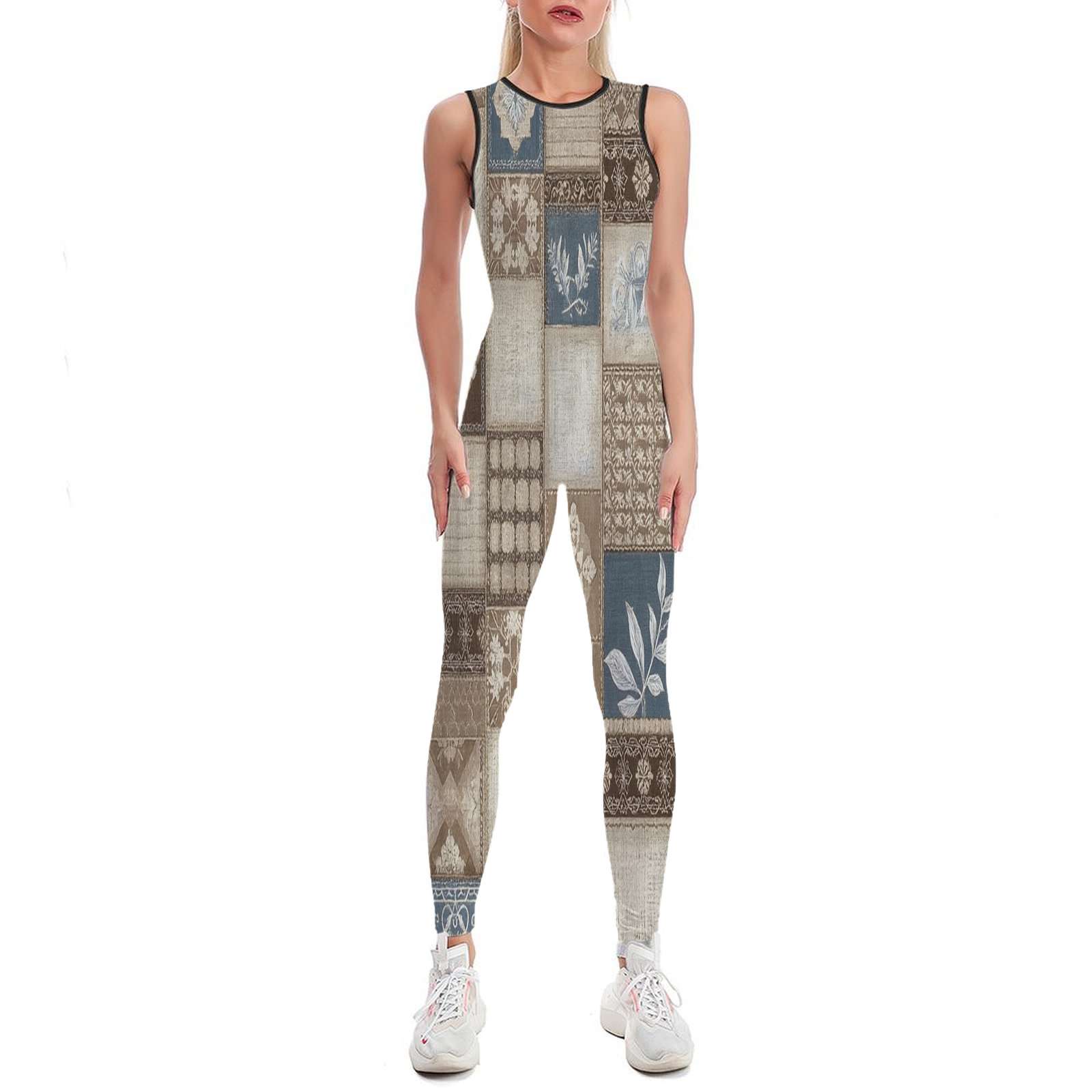 Patchwork Textile Design Neutral Tones Women's One Piece Yoga Jumpsuits ...