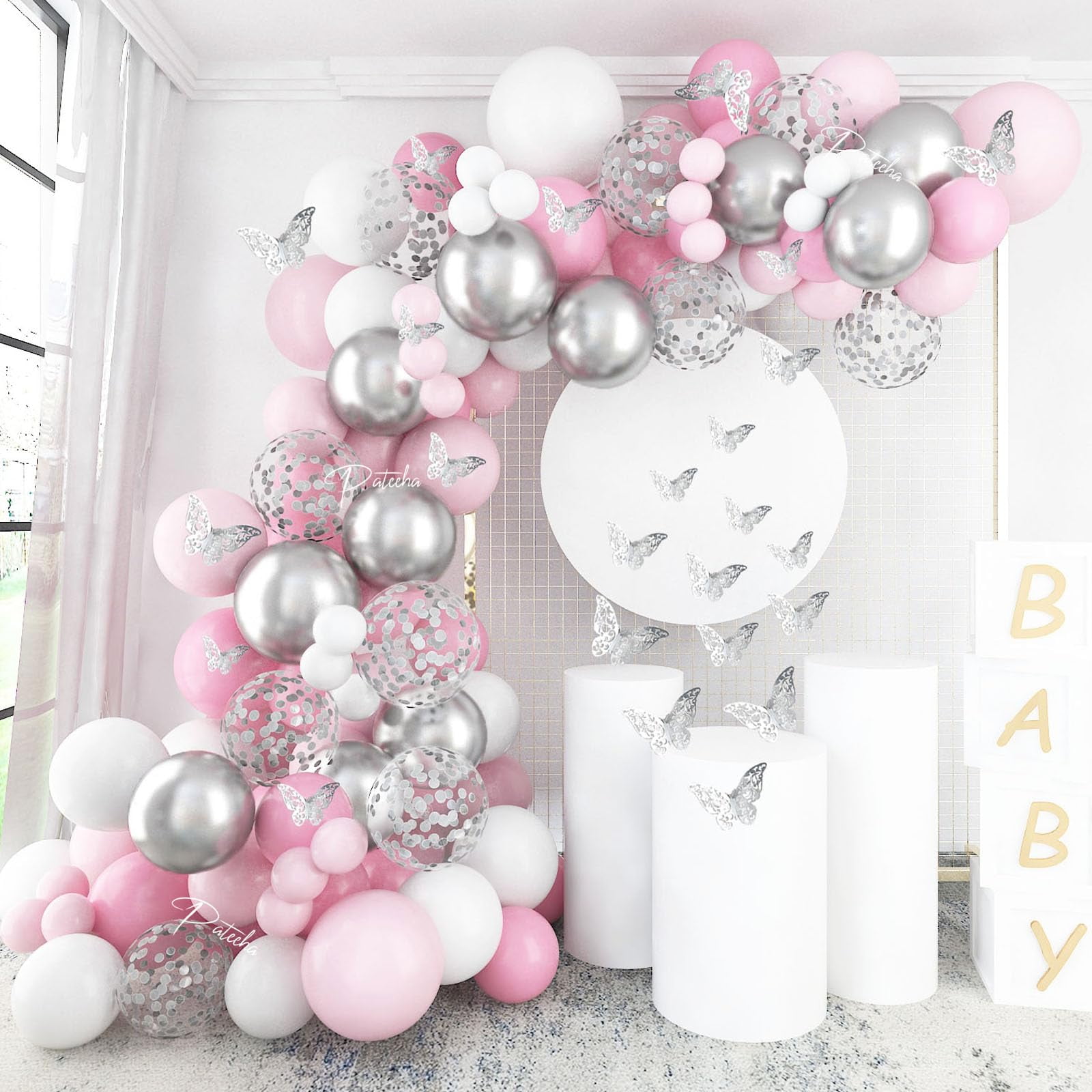 Pateeha Pink and Silver Balloons Arch KKS1 Kit 140pcs Butterfly Pink ...