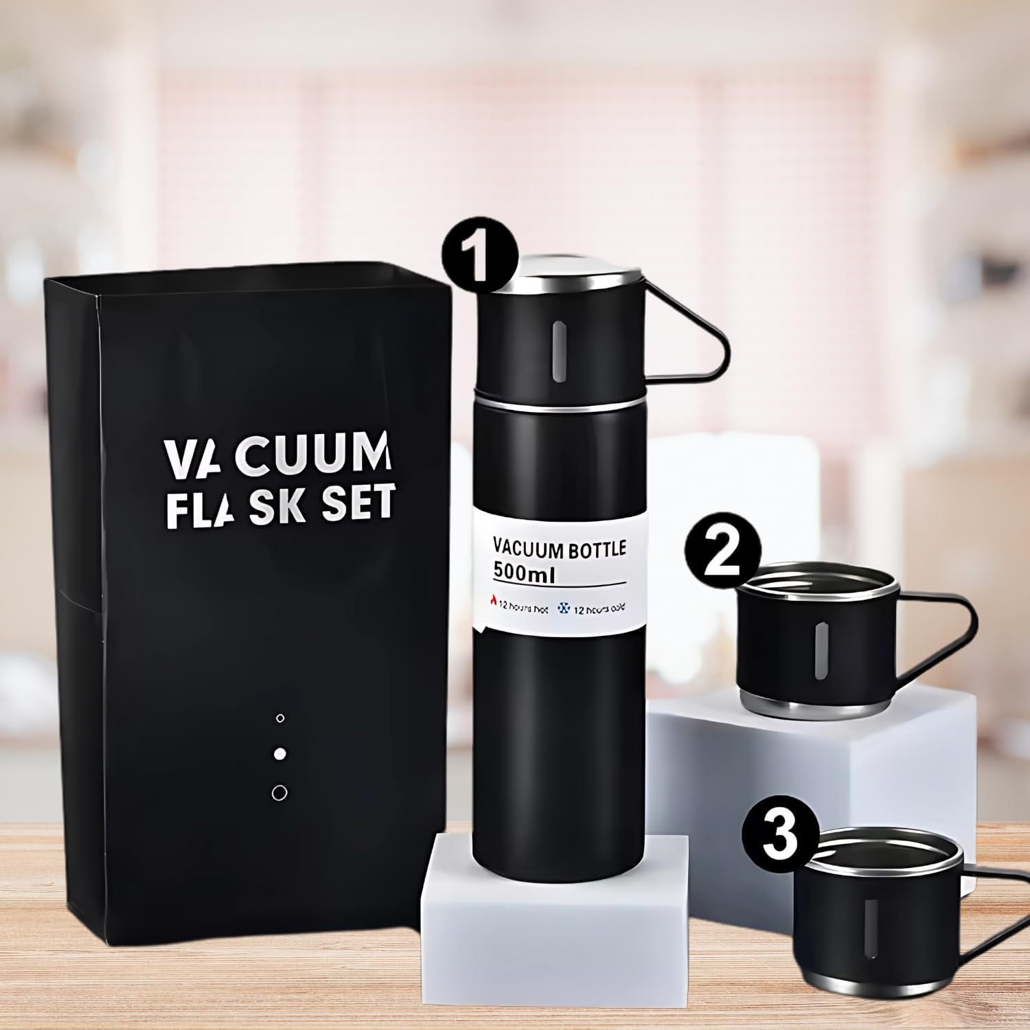 Patels Kitchen Vaccum Flask Set with 12 Cups 500ml Tea Coffee Thermal ...