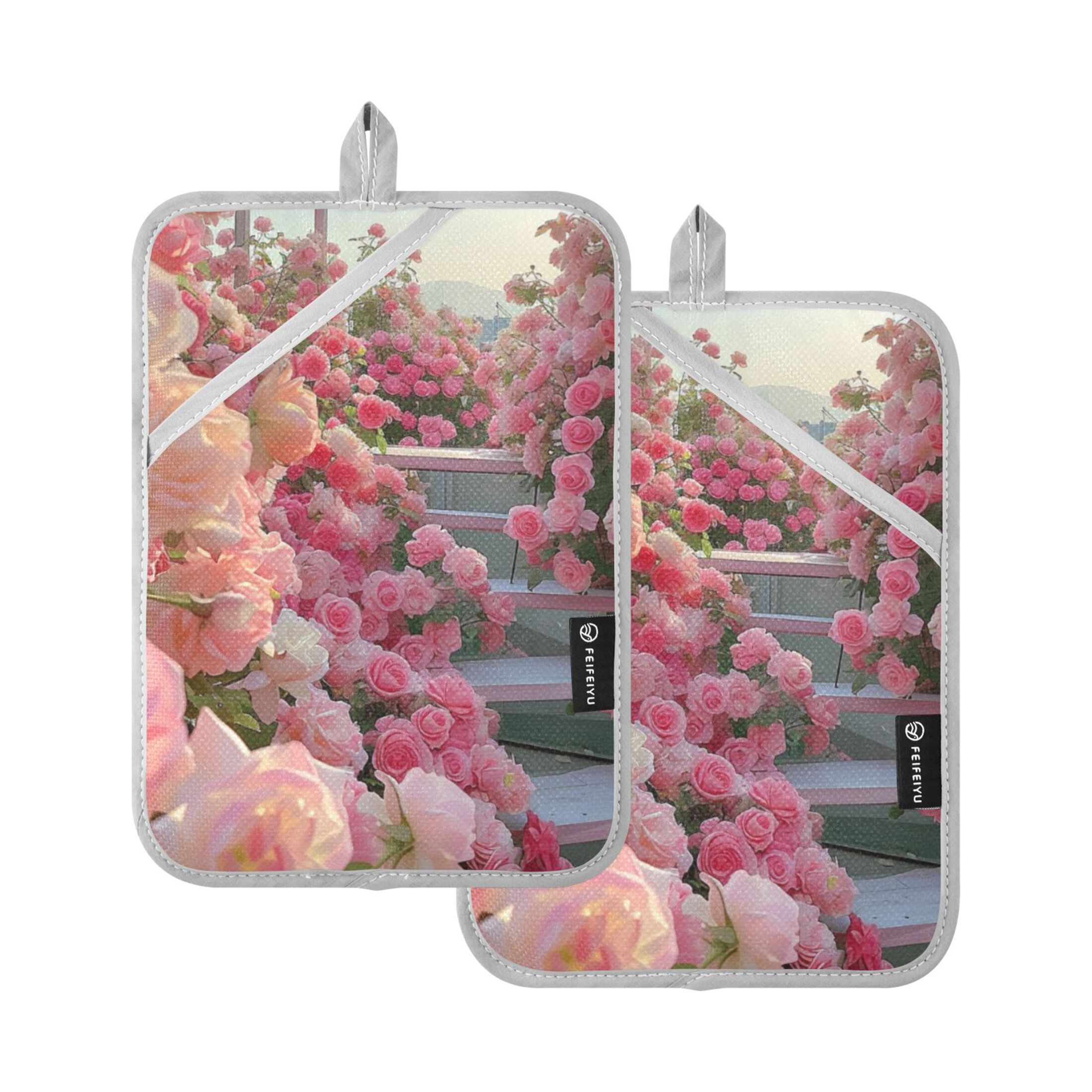 Path in Rose Flower Oven Mitts 2 Pcs Pot Holders Sets Heat Resistant ...