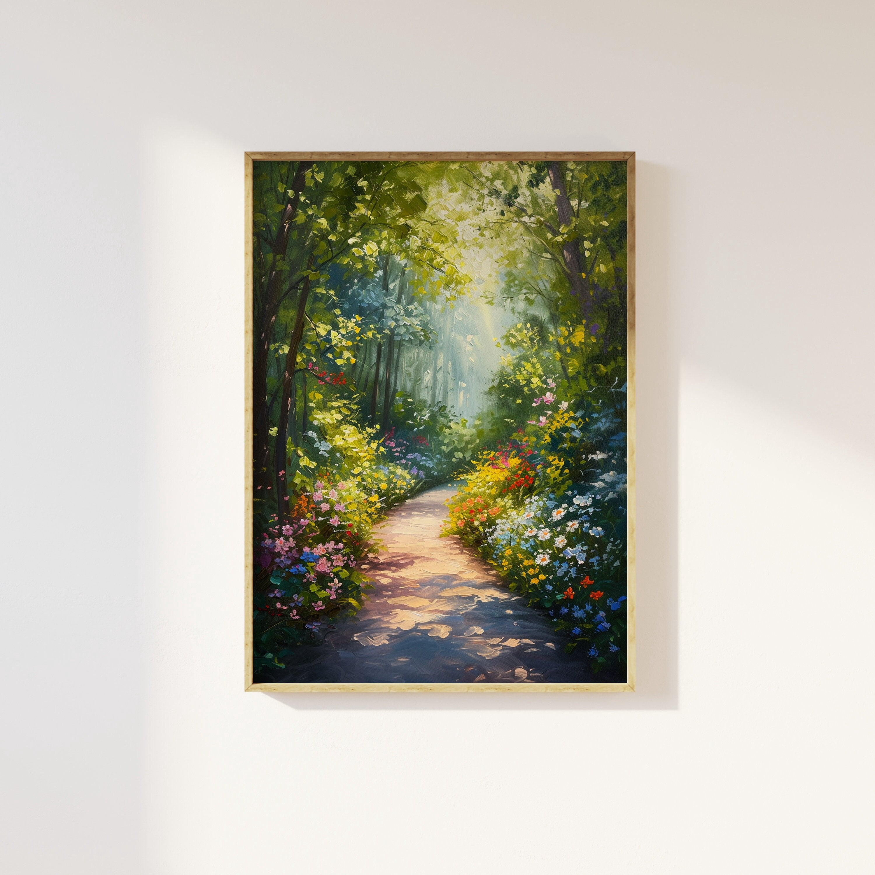 Path through the springtime woodland art print | enchanting scenery oil ...