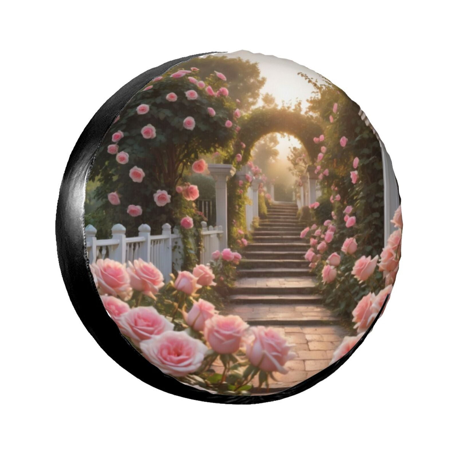 Pathway Of Lush Pink Roses Spare Tire Cover Weather Proof Wheel