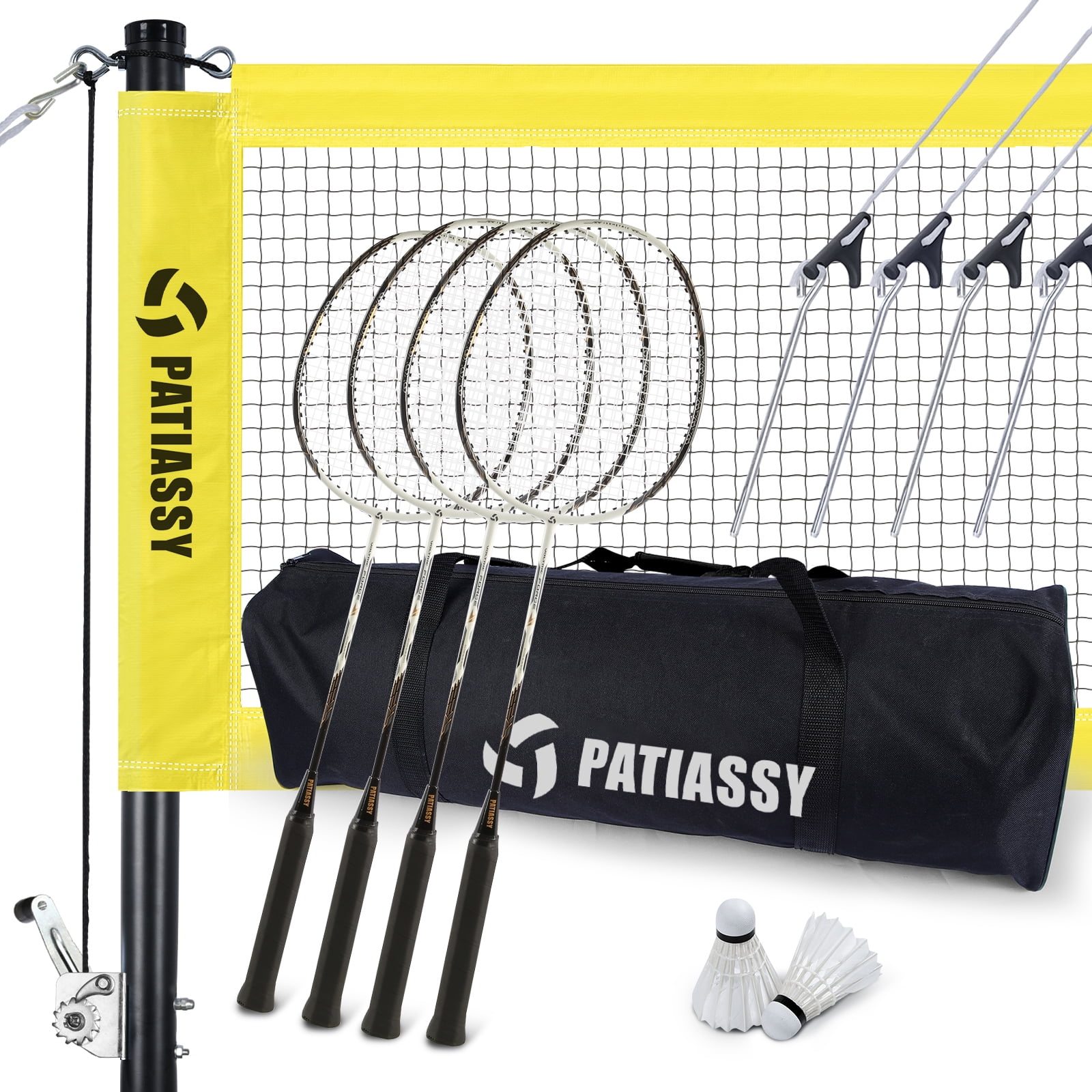 Patiassy Badminton Sets, Badminton Nets with Winch System, 4 Badminton Rackets, 2 Goose Feather ...