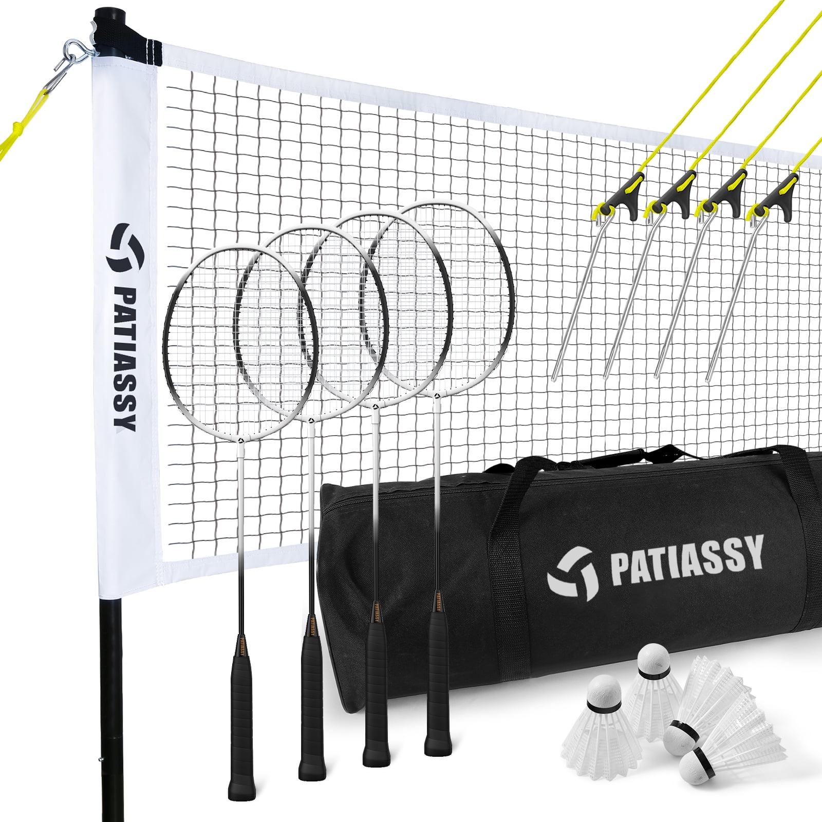 Patiassy Outdoor Badminton Set with 4 Rackets, 2 Shuttlecocks, Anti-Sag System, and Bag ...