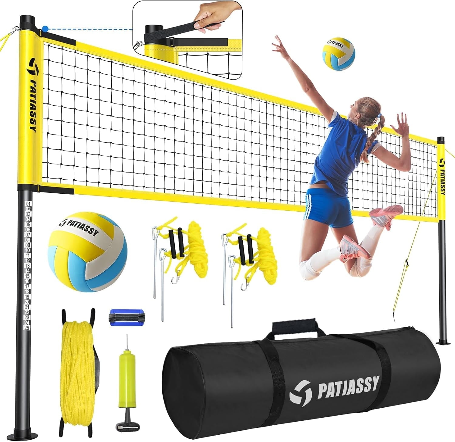 Patiassy Outdoor Portable Volleyball Net Set, Adjustable Height, Steel ...
