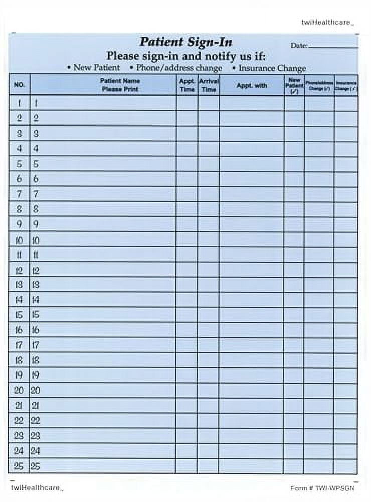 Patient Sign-in Sheets, 8-1/2" X 11" (Blue) Carbonless Form (3,125 ...
