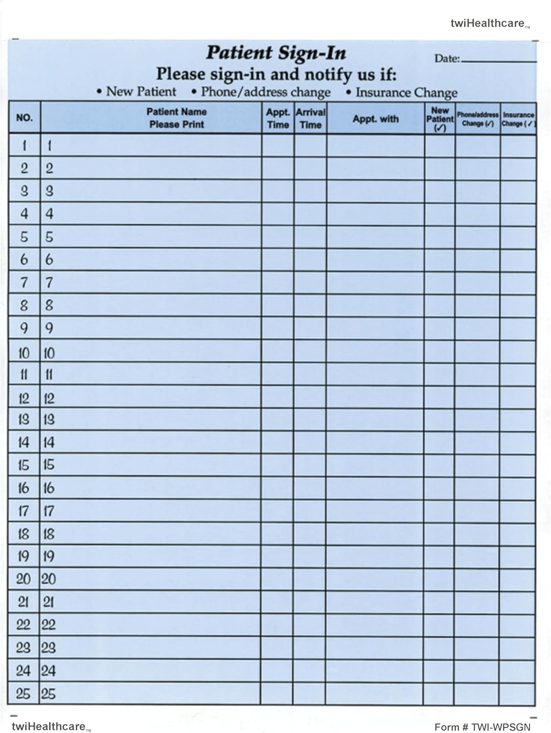 Patient Sign-in Sheets, 8-1/2" X 11" (Blue) Carbonless Form (3,125 ...
