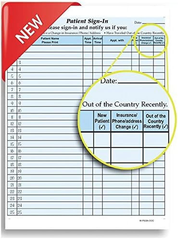 Patient Sign-in Sheets, 8-1/2" X 11" (Blue) Out of The Country Check ...