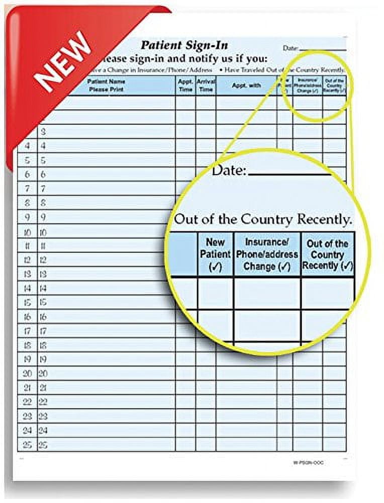 Patient Sign-in Sheets, 8-1/2" X 11" (Blue) Out of the Country Check ...