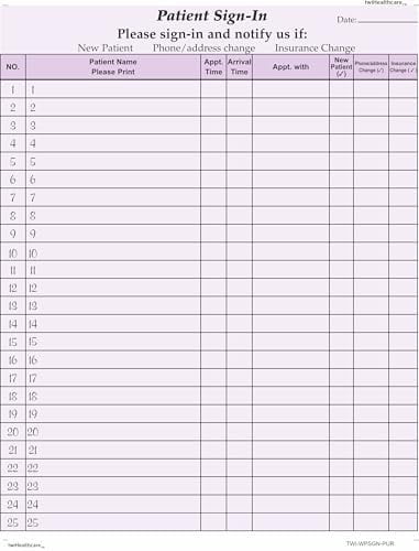 Patient Sign-in Sheets, 8-/2" X 11" Carbonless Form Pack of 125 Sheets (3,125 Patient Labels ...