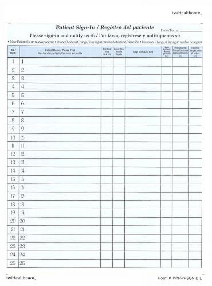 Patient Sign-in Sheets, Bilingual 8-1/2" X 11" (Blue) Carbonless Form ...