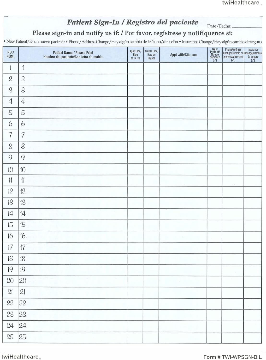 Patient Sign-in Sheets, Bilingual 8-1/2" X 11" (Blue) Carbonless Form ...