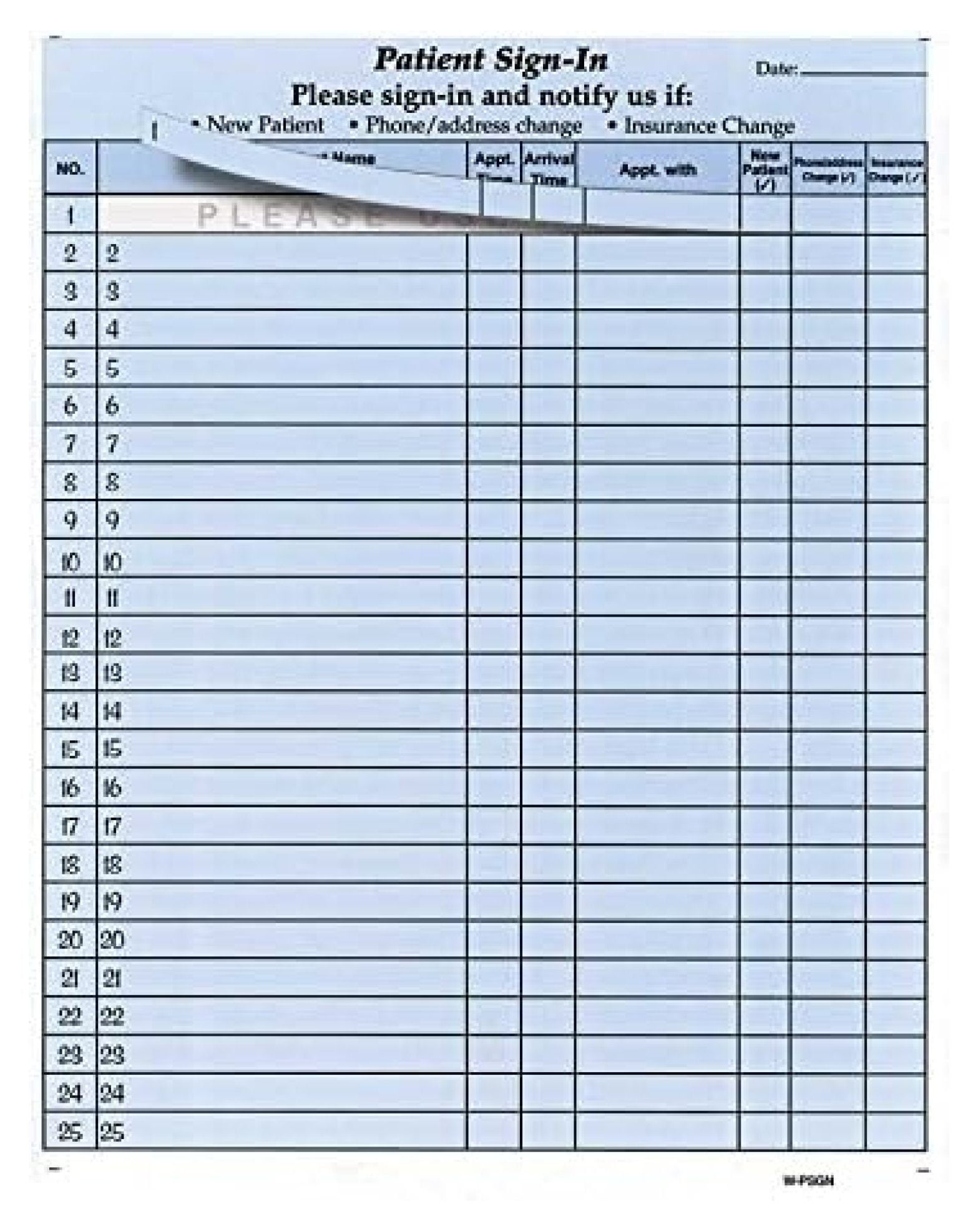 Patients Sign In, 8-1/2" X 11" (Blue) Carbonless Form (Lot of 125 ...