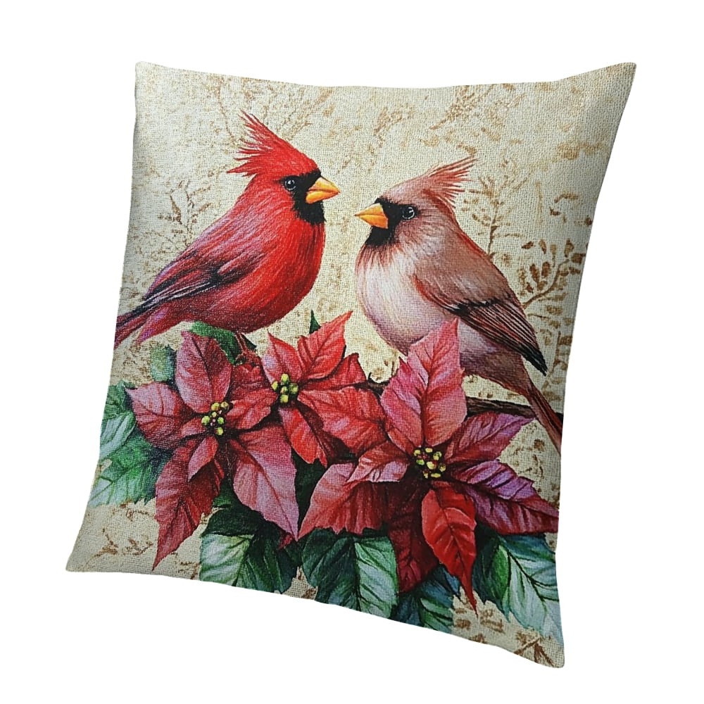 Patifu Bird Pillow Cover Christmas Poinsettia Red Cardinal Bird Leaves ...