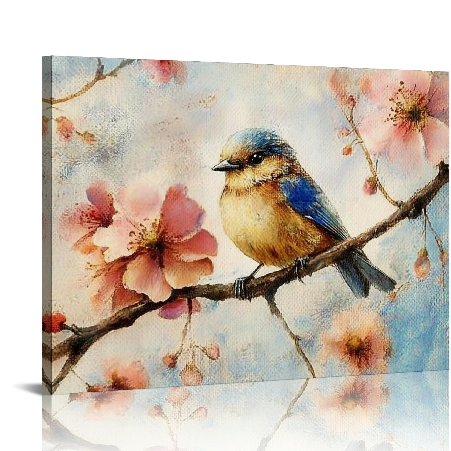 Patifu Blue Bird and Blossom Canvas Wall Art with Gold Accents Hand ...