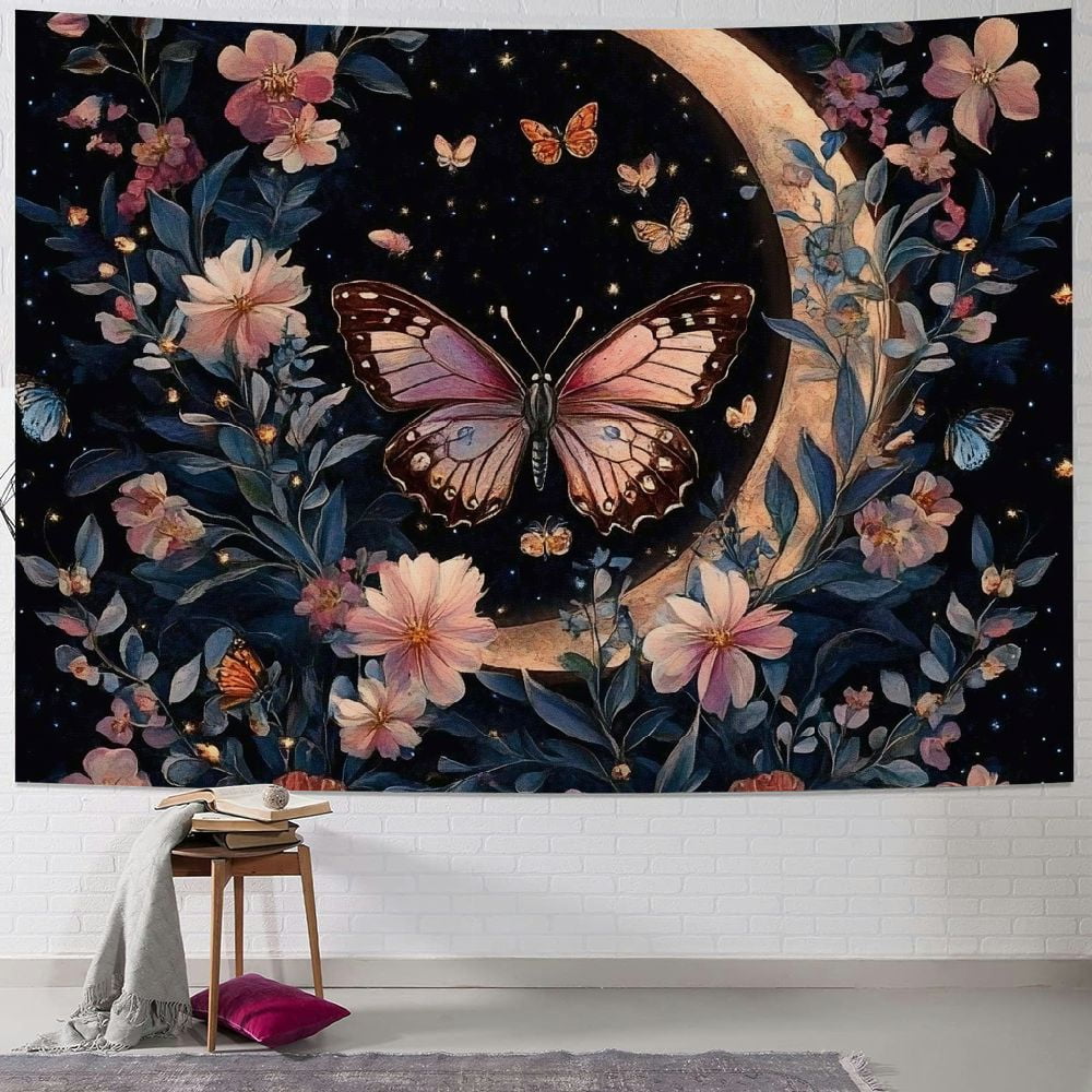 Patifu Butterfly Flowers Moon Tapestry Wall Hanging Home Decor Art for ...