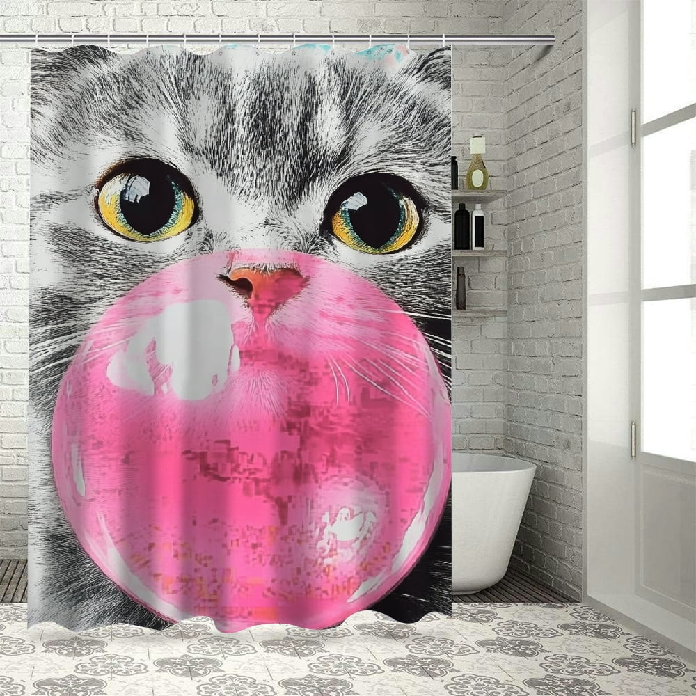 Patifu Cat Pink Bubble Pop Art Shower Curtain 100% Polyester with Hooks ...