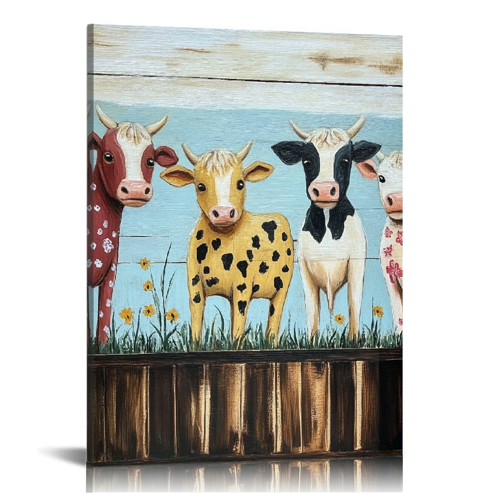 Patifu Cows Folk Art Wooden Sign Canvas Print for Living Room Bedroom ...