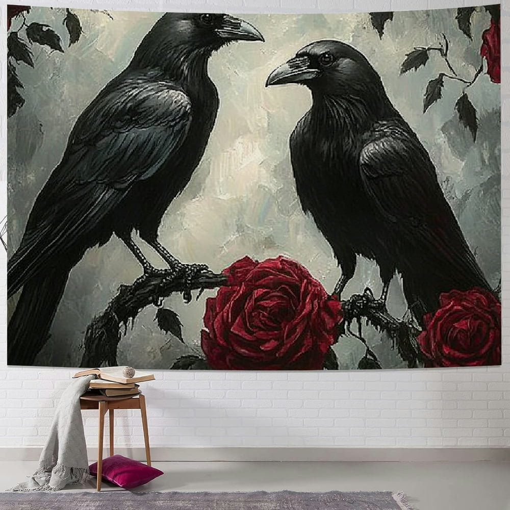 Patifu Crows Red Rose Bush Gothic Art Tapestry Wall Hanging Unique ...