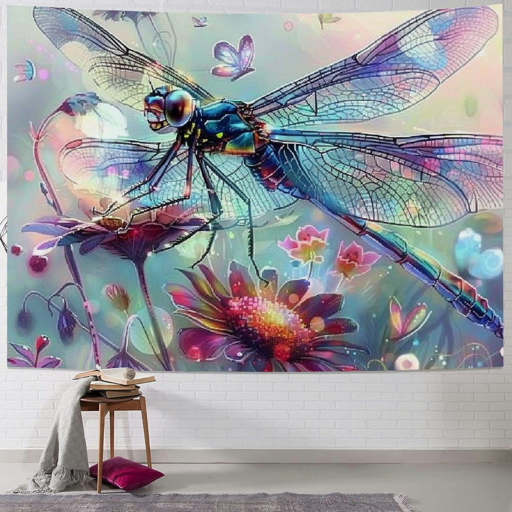 Patifu Dragonfly Flowers Fantasy Art Tapestry Wall Hanging Unique Style ...