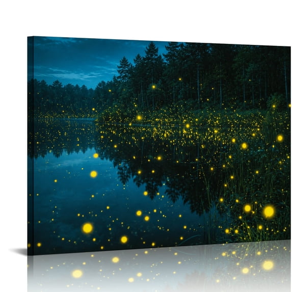 Patifu Fireflies Over Lake At Night HD Print Framed Canvas Wall Art ...