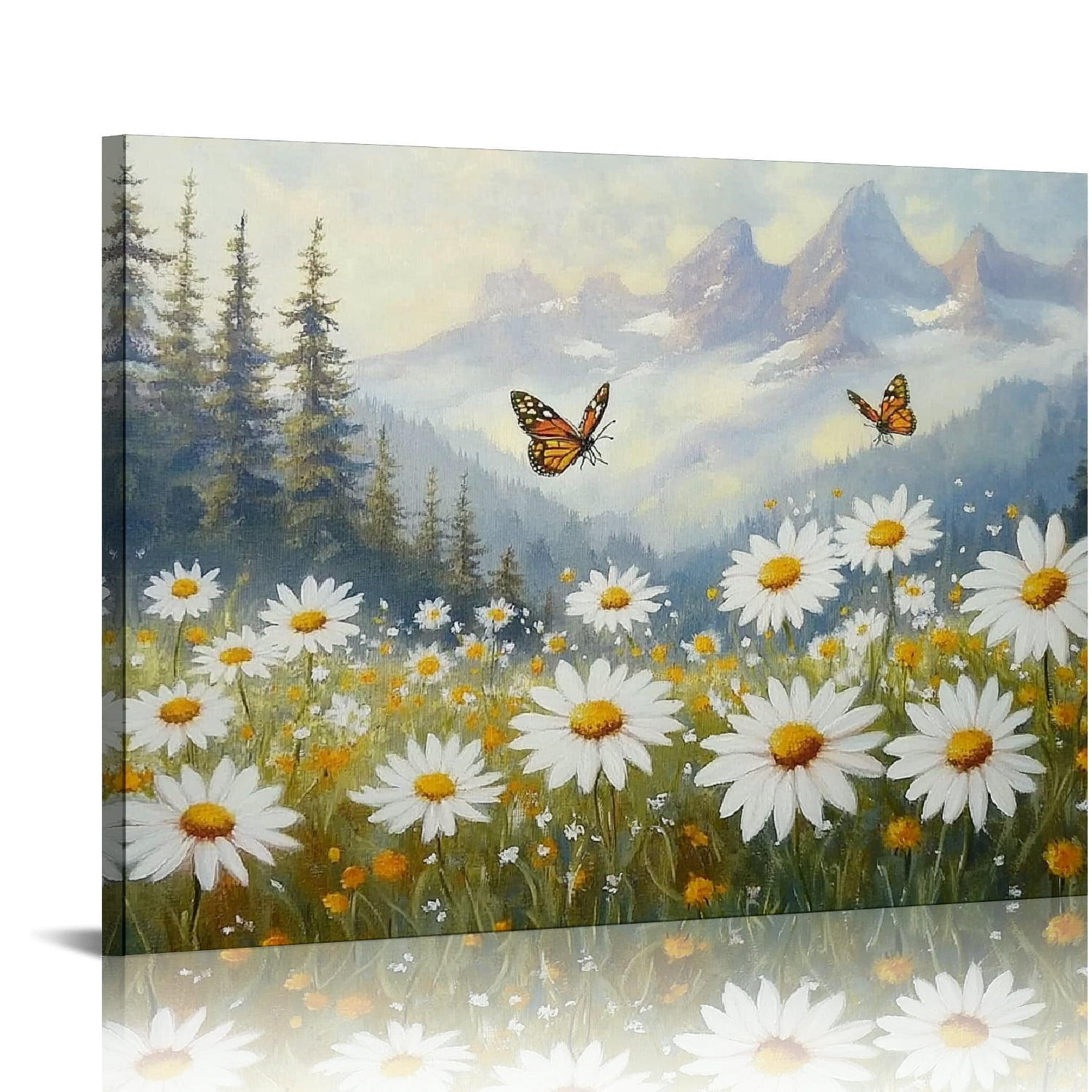 Patifu Flower Wall Art Canvas Landscape Daisy Painting Misty Mountain ...