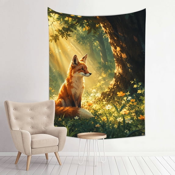 Patifu Fox In Forest With Wildflowers Vertical Wall Hanging Tapestry ...