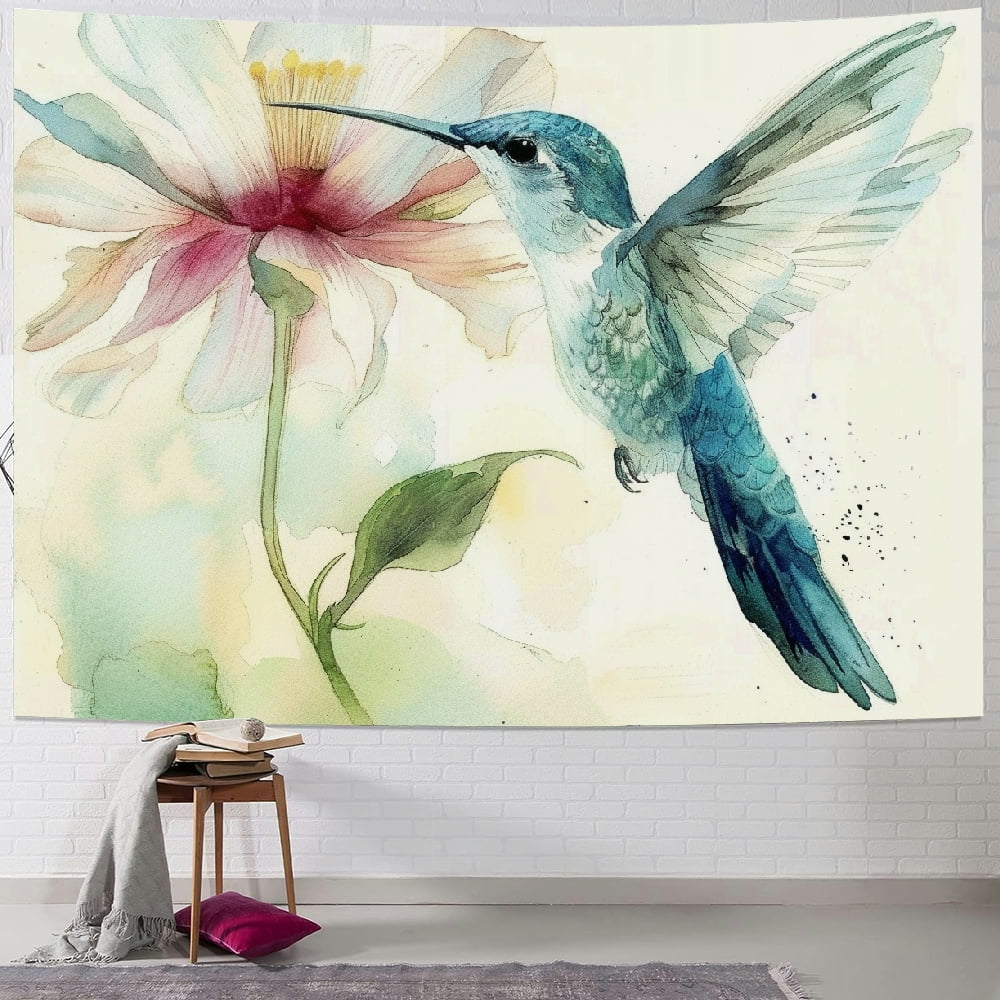 Patifu Hummingbird Flower Watercolor Tapestry Wall Hanging Unique Style ...