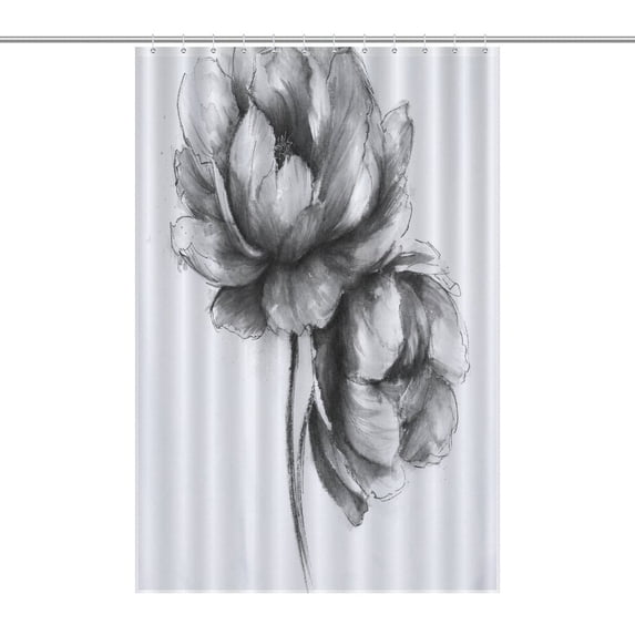Patifu Ink Peony Black White Modern Bathroom Shower Curtain, Waterproof ...
