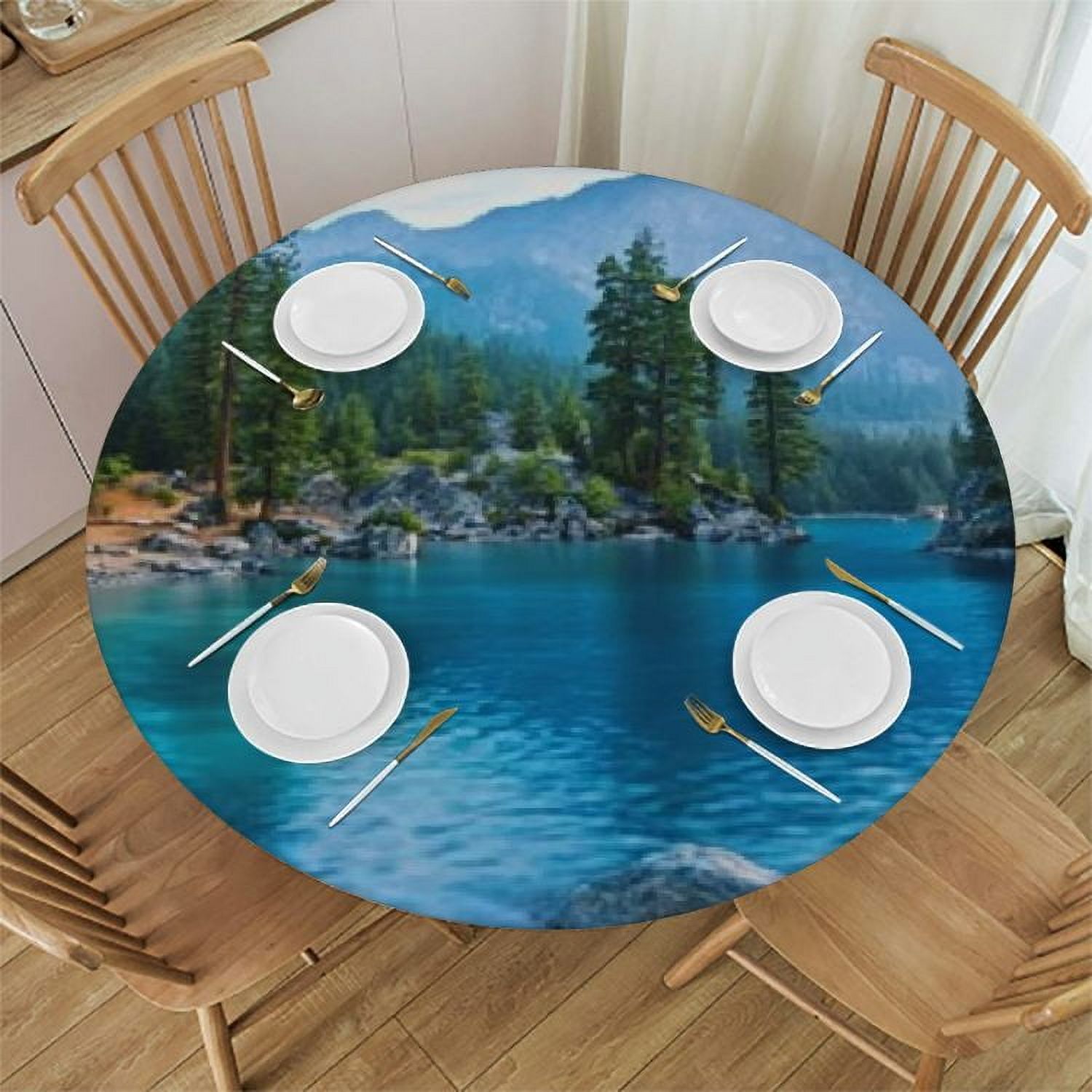 Patifu Lake Mountain Trees Round Tablecloth 100% Polyester Stain ...