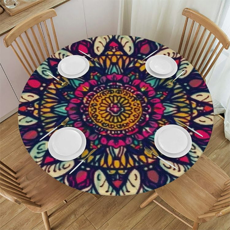Patifu Mandala Round Fitted Table Cloth Cover, Waterproof Wrinkle Table ...