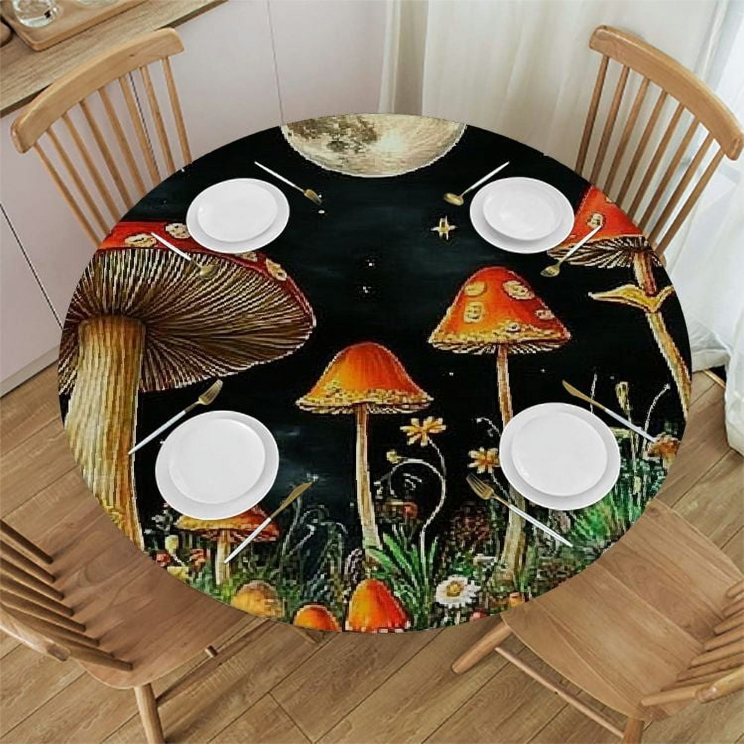 Patifu Mushrooms Flowers Full Moon Round Tablecloth Stain-Resistant ...