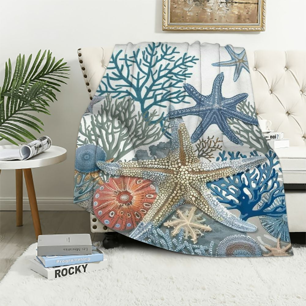 Patifu Nautical Coastal Blanket Starfish Seashell Coral Beach Themed ...