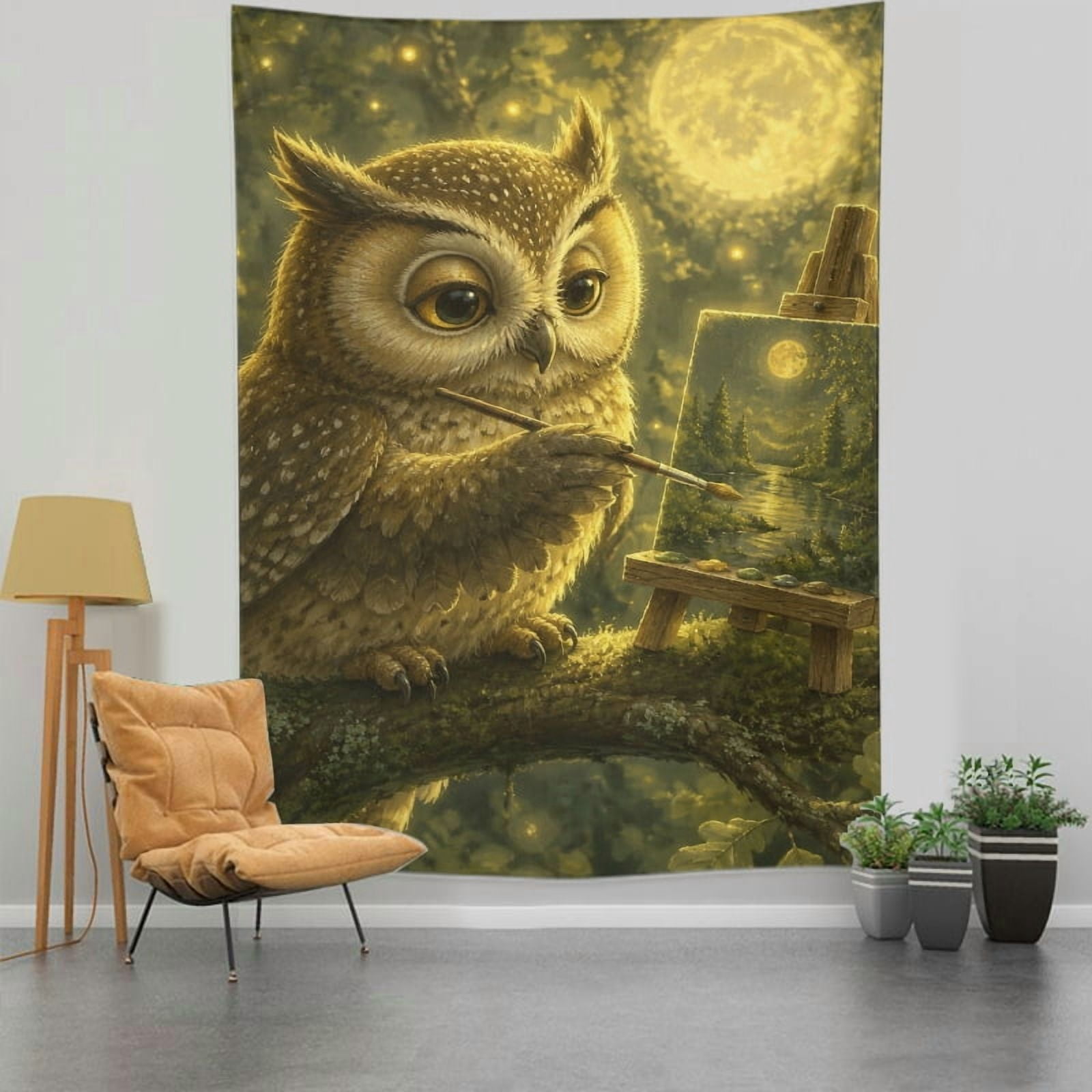 Patifu Owl Painting On Easel At Night Vertical Wall Tapestry For ...