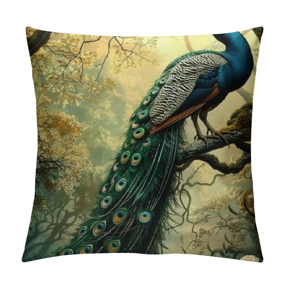 Patifu Peacock Forest Surrealism Graphic Decorative Throw Pillow Cover ...