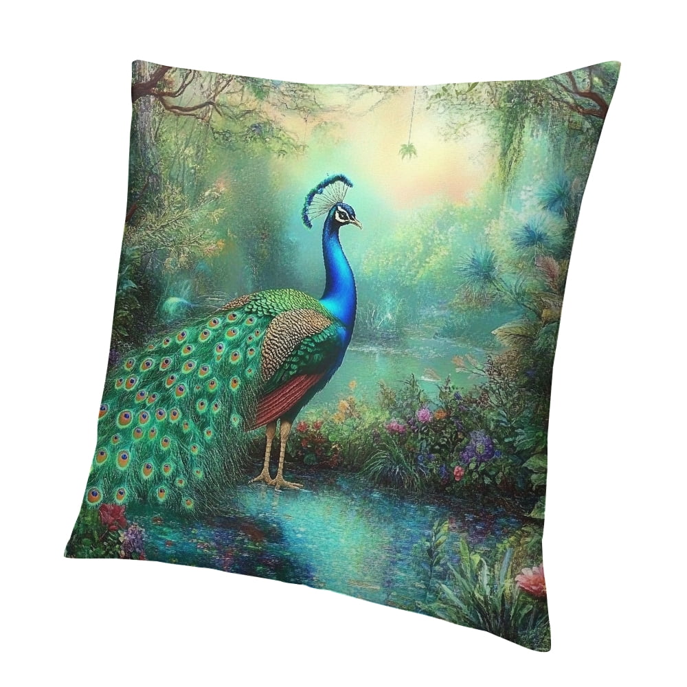 Patifu Peacock Throw Pillow Cover Fairy Tale Jungle River Square ...