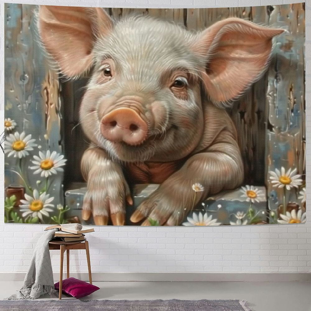 Patifu Pig Daisies Wooden Door Tapestry Wall Hanging Unique Style ...