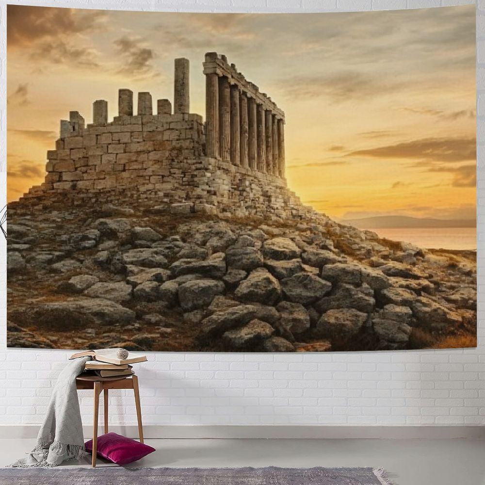 Patifu Pillar Tapestry, Greek Building Poseidon at the Sunset Sea and ...