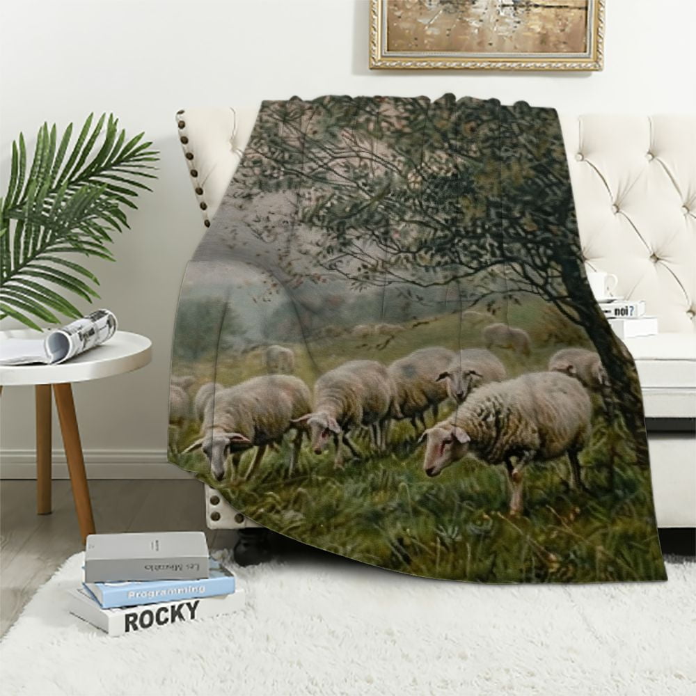 Patifu Sheep Grazing Theme Warm Lightweight Soft Fleece Blanket for All ...
