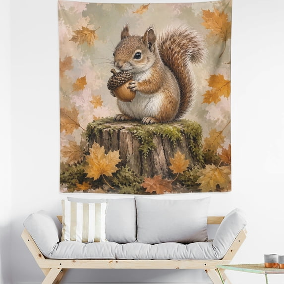 Patifu Squirrel Holding Acorn On Stump Vertical Tapestry Wall Hanging ...