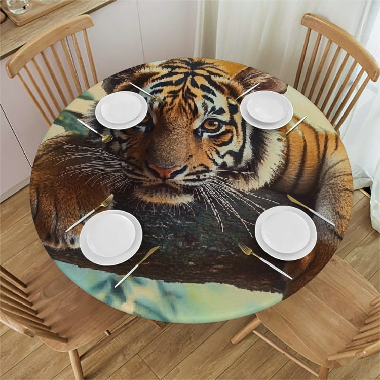 Patifu Tiger Tree Wildlife Round Tablecloth Stain-Resistant Washable ...