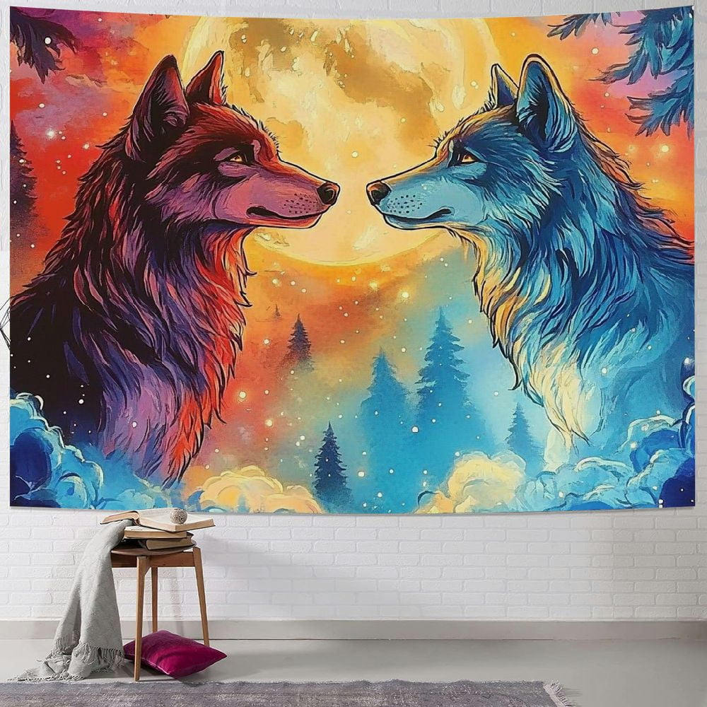 Patifu Wolves Full Moon Colorful Sky Tapestry Wall Hanging Unique Style ...