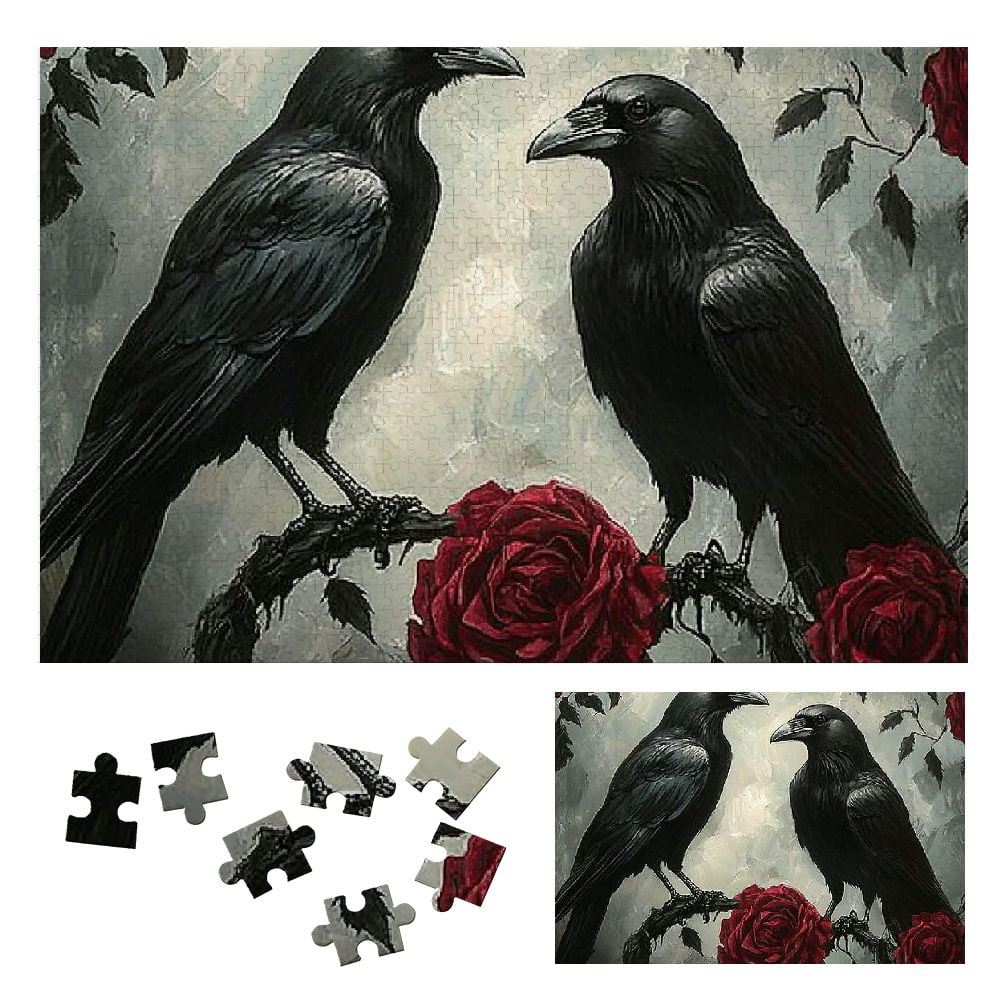 Patifu Wooden Jigsaw Puzzle Crows Red Rose Bush Gothic Art Style Family ...