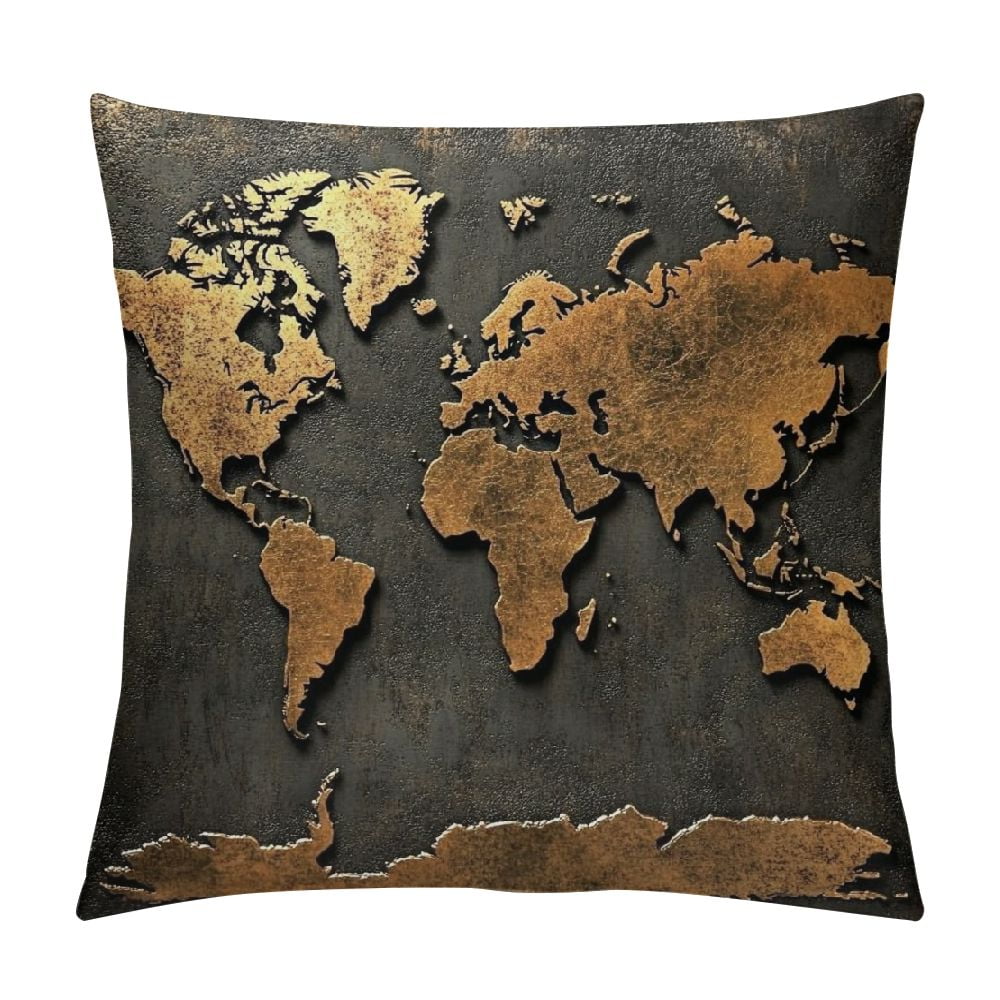Patifu World Map Metal Brown Gold Foil Graphic Decorative Cushion Throw ...