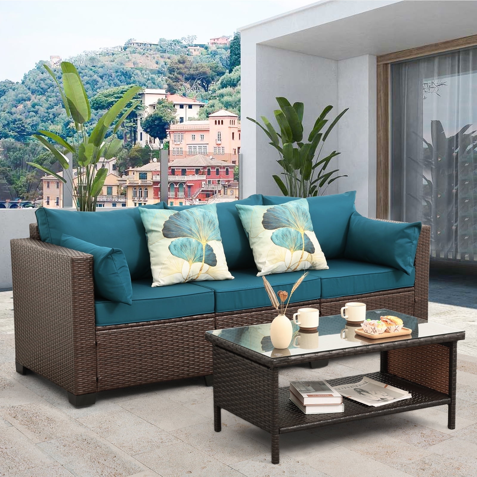 Patio 3 Seat Sofa Set Outdoor Wicker Couch with Glass Coffee Table ...