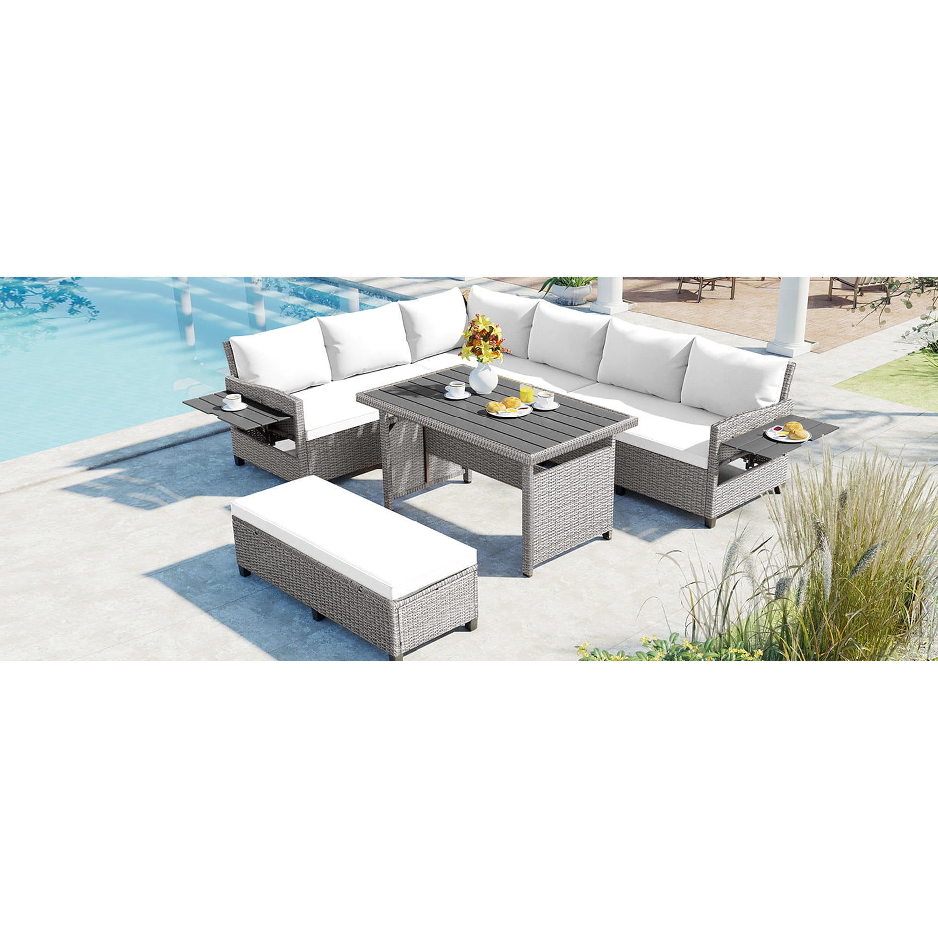 Patio 5 In White - 2 , 1 Corner , Long Bench, Dining Table With ...
