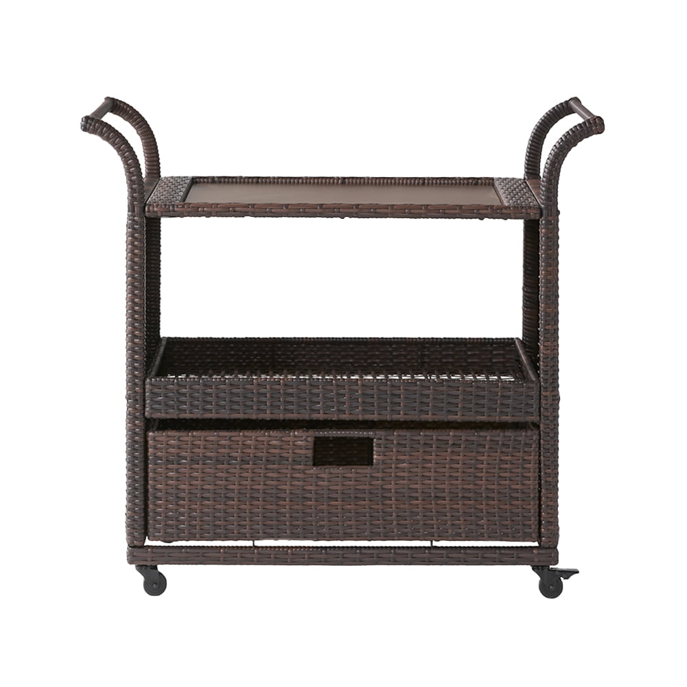 Patio Bar Cart, Outdoor Wicker Serving Cart With Wheels, Bar Cart With ...