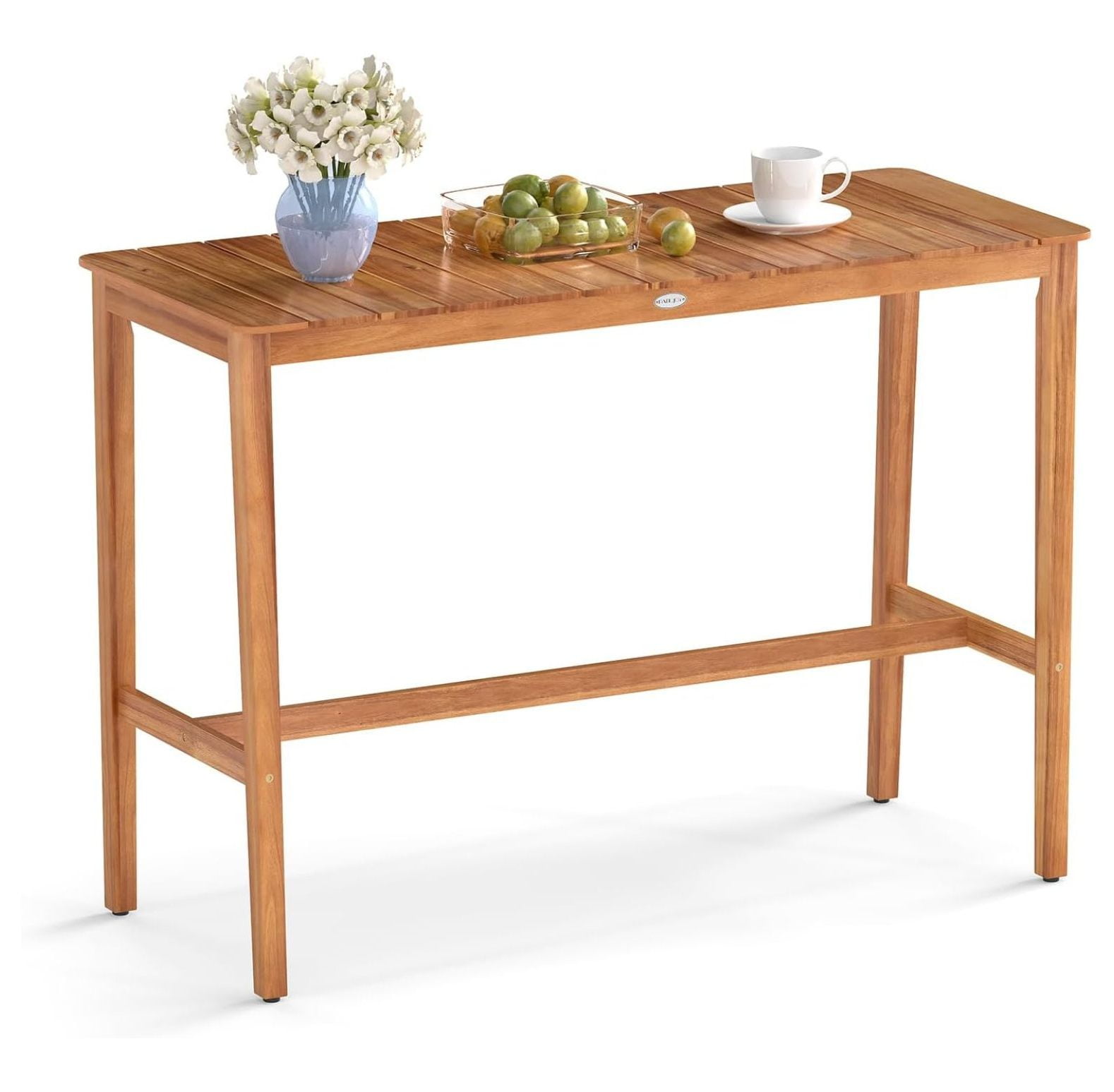 Patio Bar Table, 54” x 22” Wood Counter Height Table with Slatted ...