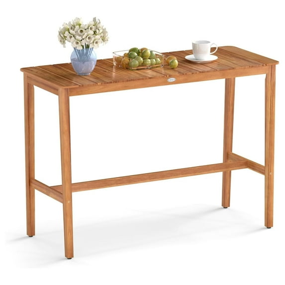 Patio Bar Table, 54” x 22” Wood Counter Height Table with Slatted ...