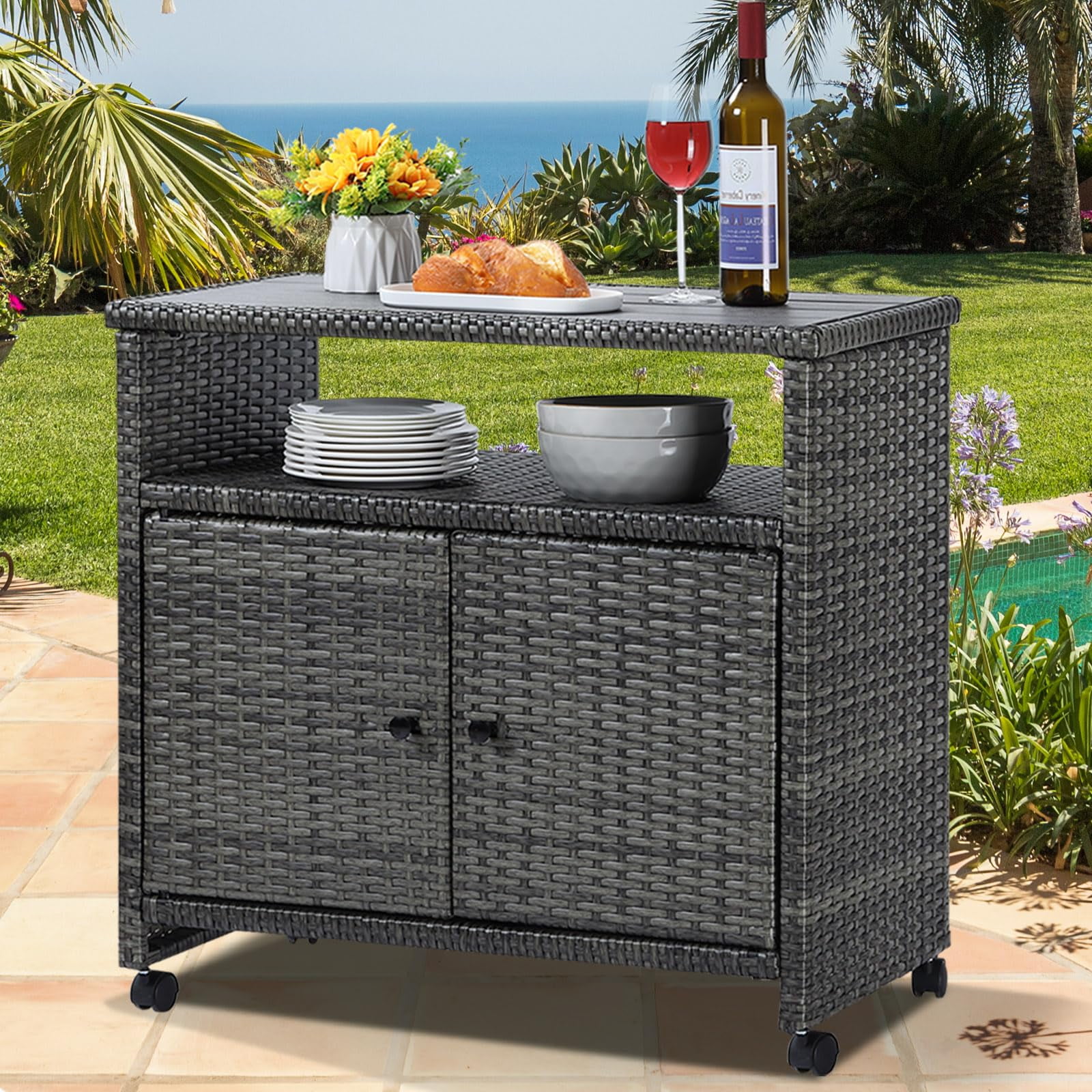 Patio Bar Table with Storage, Outdoor Wicker Buffet Cabinet, 2 Doors ...